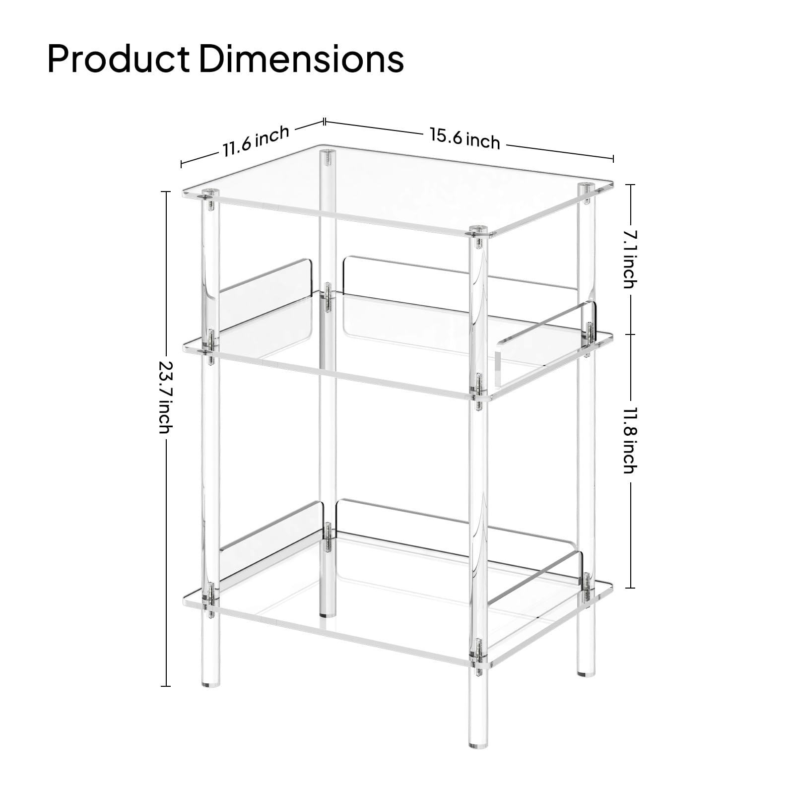 Aquiver 3-Tier Acrylic Nightstand - Small Clear Bedside Table - End Table/Side Table for Bedroom - 15.6'' L x 11.6'' W x 23.7'' H
