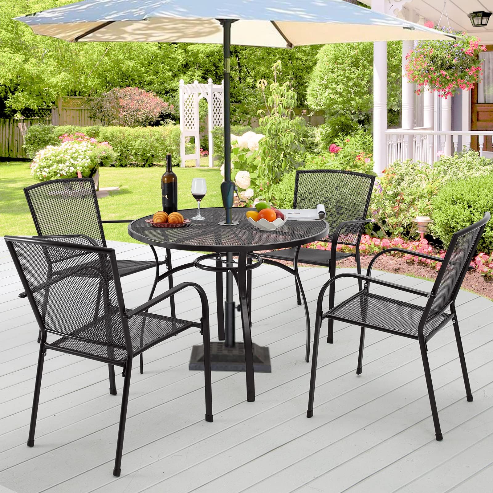 AECOJOY Metal Patio Table with Umbrella Hole, Outdoor Dining Table Steel Round Outside Table, Weather-Resistant Table 37 Inch for Lawn Backyard Garden Porch Bistro Dark Grey