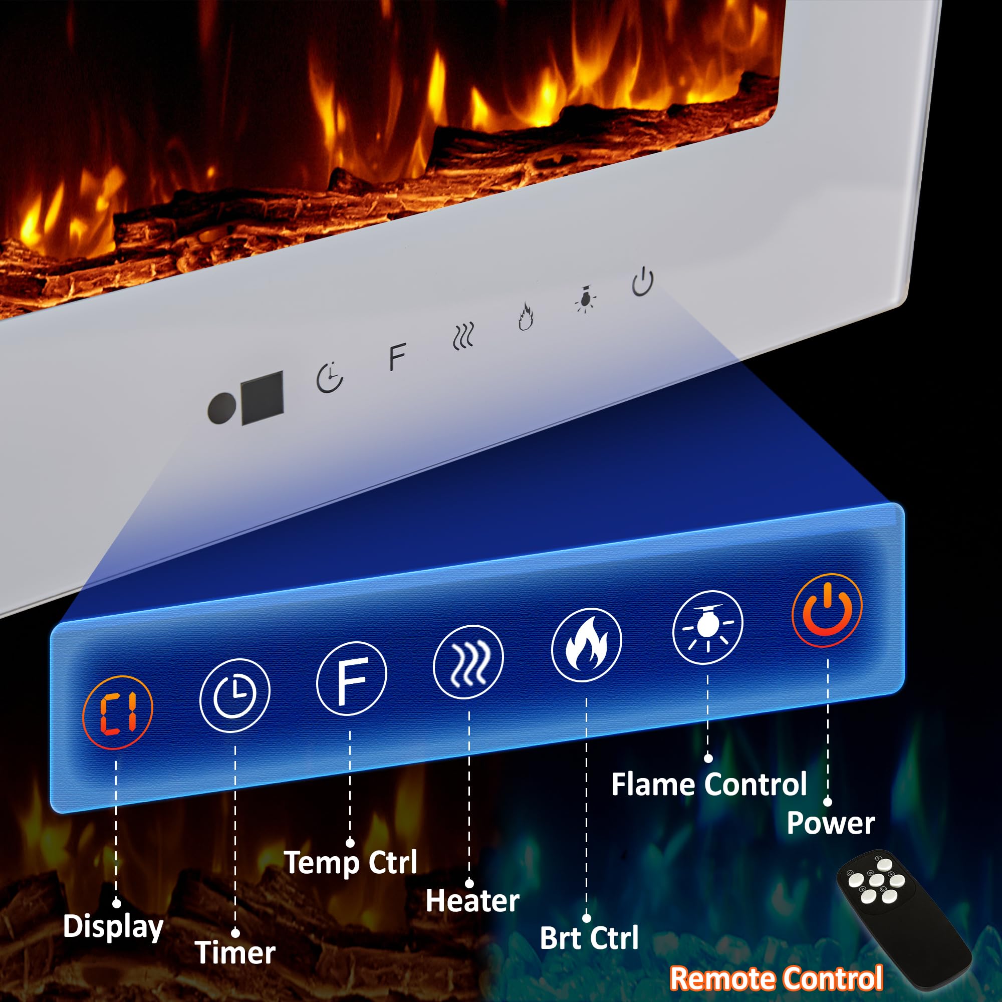 Amerlife 50" Electric Fireplace Wall Mounted, Recessed and Freestanding, Fireplace Heater W/12 Flame Color and Brightness, Touch Screen & Remote Control, Log Set & Crystal Included, White
