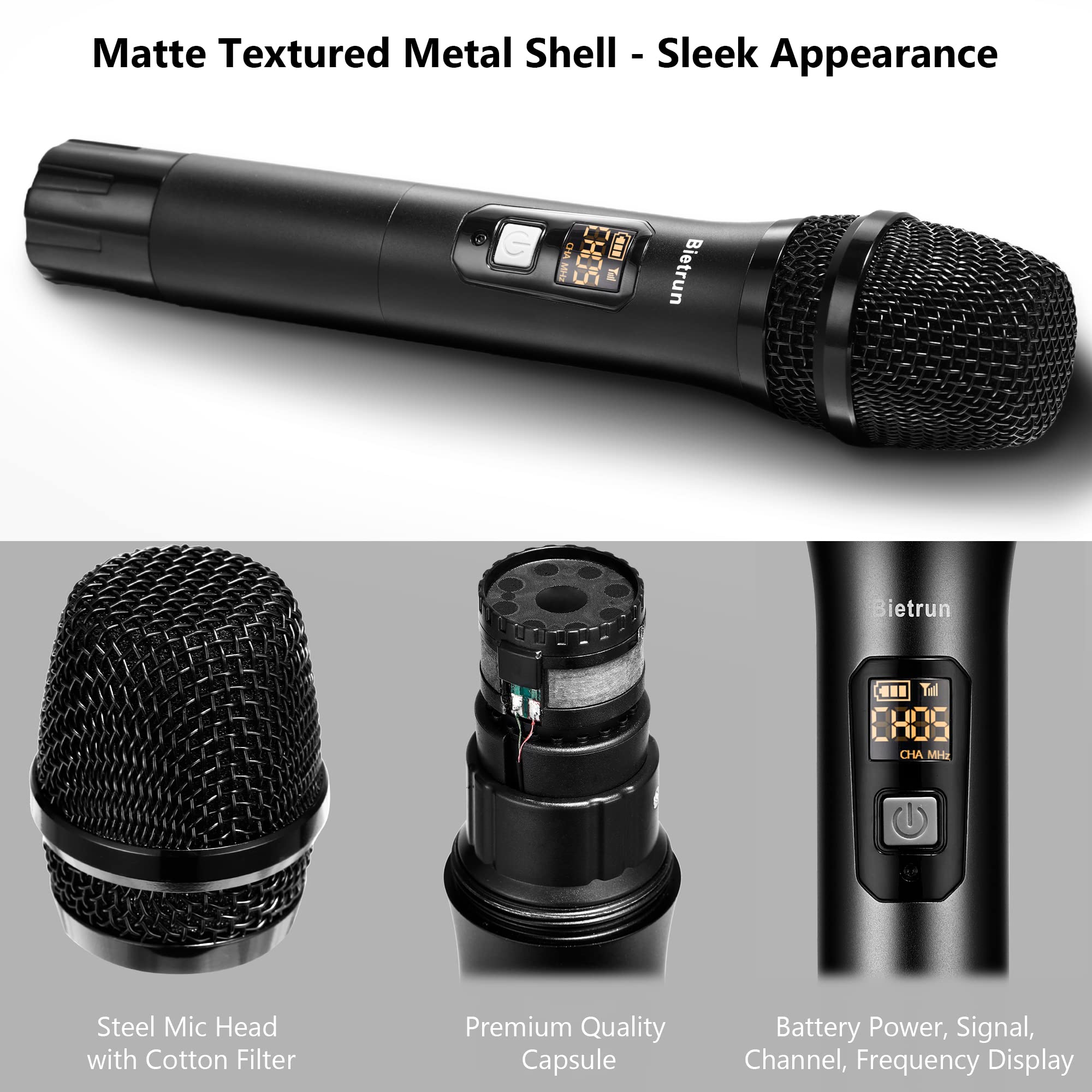Bietrun Wireless Microphone and Mic Stand, for Karaoke Machine, Singing, Amp, PA Speaker