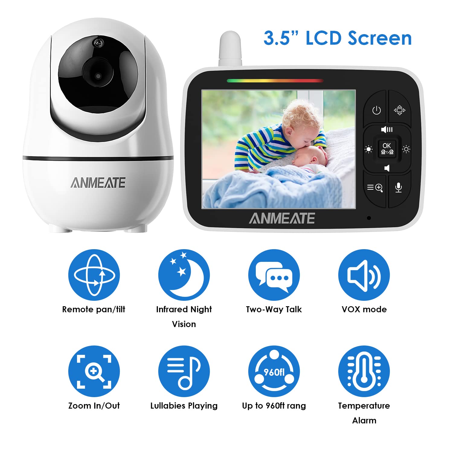 ANMEATE Baby Monitor with Remote Pan-Tilt-Zoom Camera, 3.5inch Large Display Video Camera,Audio |Infrared Night Vision |Two Way Talk | Room Temperature| Lullabies 960ft Range