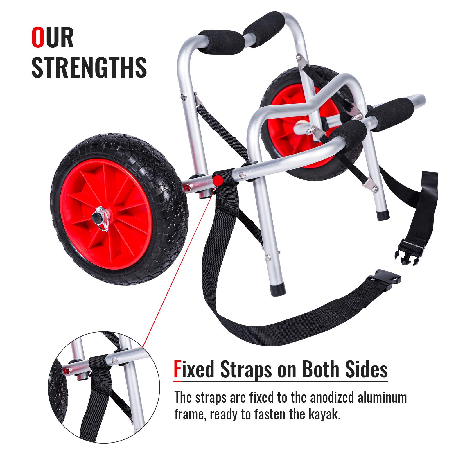 AA Products Kayak Canoe Carrier Cart Dolly Trailer Tote Solid Wheel Tires Hold up to 150 lb, Comes with Secure Buckle Straps