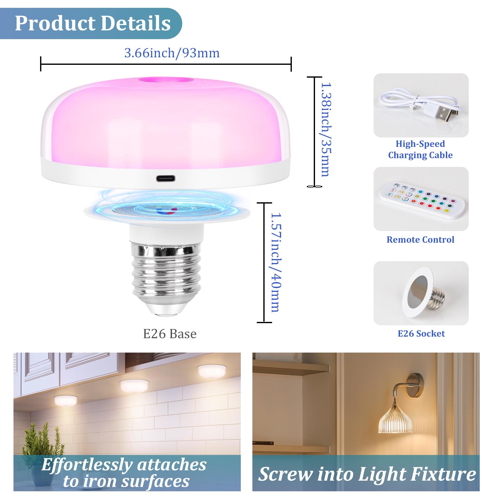 Rechargeable Battery Operated Light Bulb, Wireless LED Puck Lights with Remote, 15 Color Changing,Timer,Dimmer,E26 Detachable Charging,Closet Light No Wiring,Mood Light for Kitchen Cabinets,2-Pack