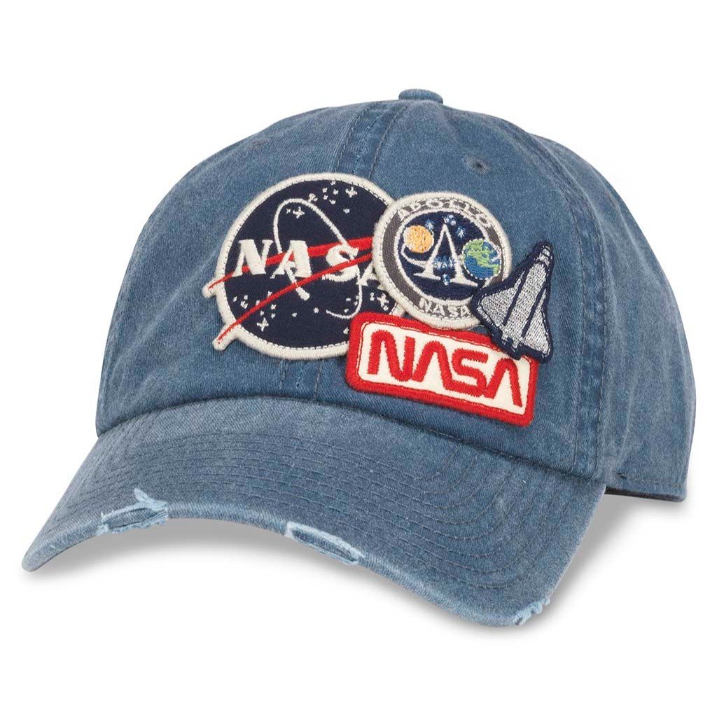 AMERICAN NEEDLE NASA Officially Licensed Iconic Patch Distressed Dad Buckle Strap Dad Hat, Navy (43910A-NASA)