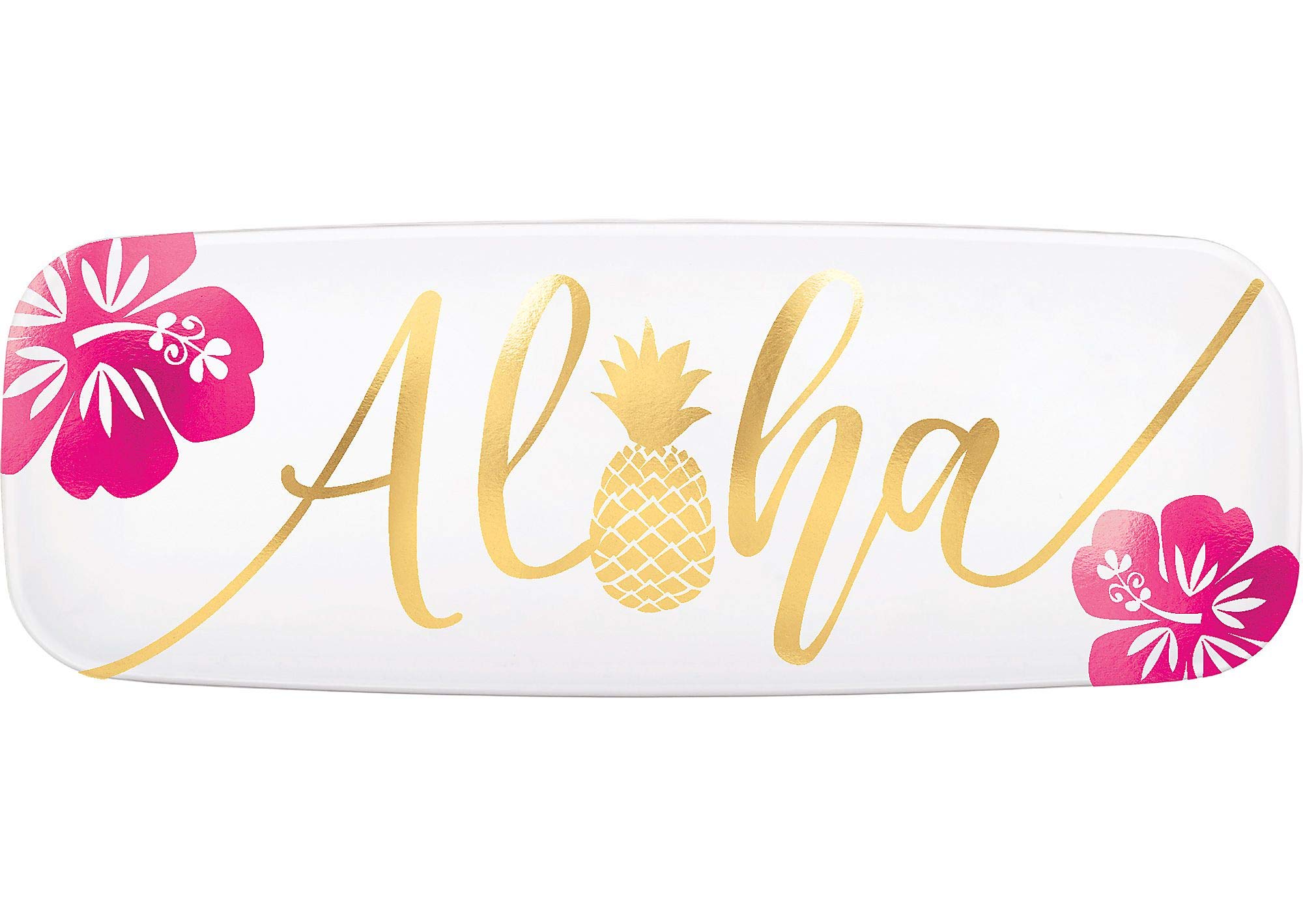 Aloha Plastic Long Platter - 6.5" x 17.5" - Hot-Stamped Gold & Pink Design - Perfect for Tropical-Themed Occasions (1 Pc.)