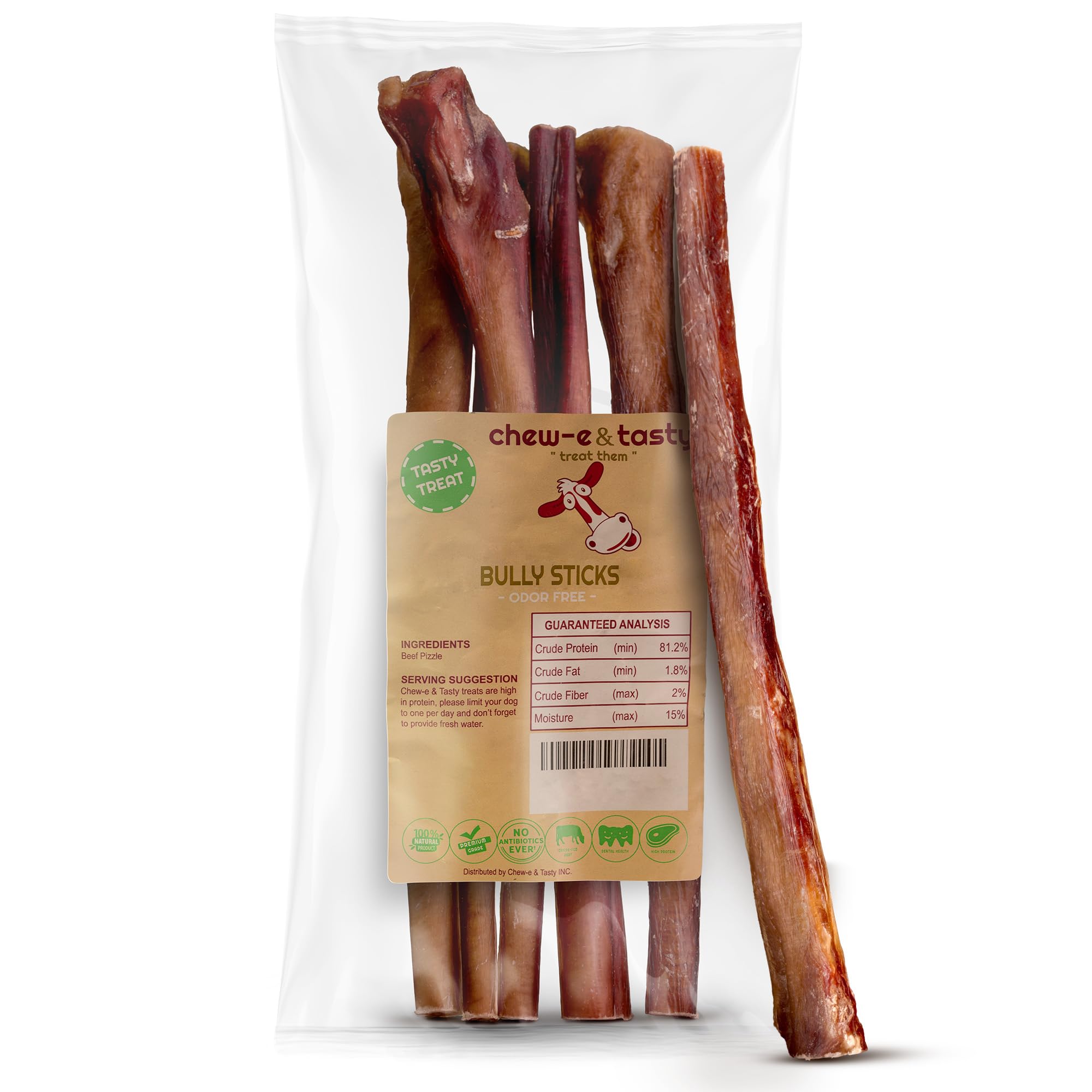 chew-e&tasty 12 Inch Bully Sticks for Large Dogs (5pk) - Natural & Odor Free Bully Sticks - Made of Fully Digestible High Protein & Low Fats Jumbo Bully Sticks for Large Dogs