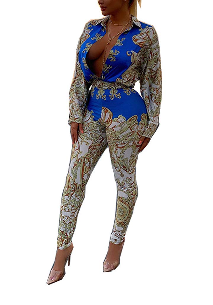 Aro Lora Womens Sexy Deep V Neck Long Sleeve Floral Print Two Piece Jumpsuit Outfit Bodysuit and Pant Set Small Blue