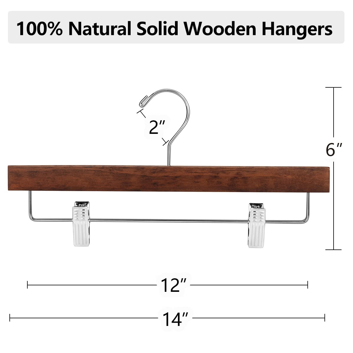 AMKUFO 20pcs Wooden Pants Hangers Solid Pants Hangers with Adjustable Clips 14 Inch Walnut Wood Skirt Hangers Trousers Bottom Hangers with Non-Slip Clips and 360° Swivel Hook