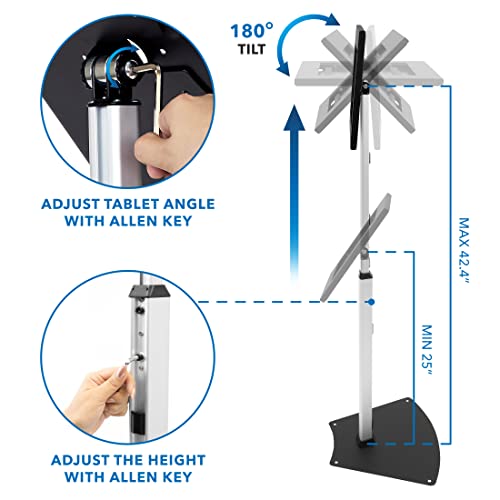 Mount-It! Anti-Theft Tablet Kiosk Floor Stand Compatible with iPad and Samsung | Height Adjustable Secure Check-in Stand | Free-Standing Or Secure Bolt-On Design