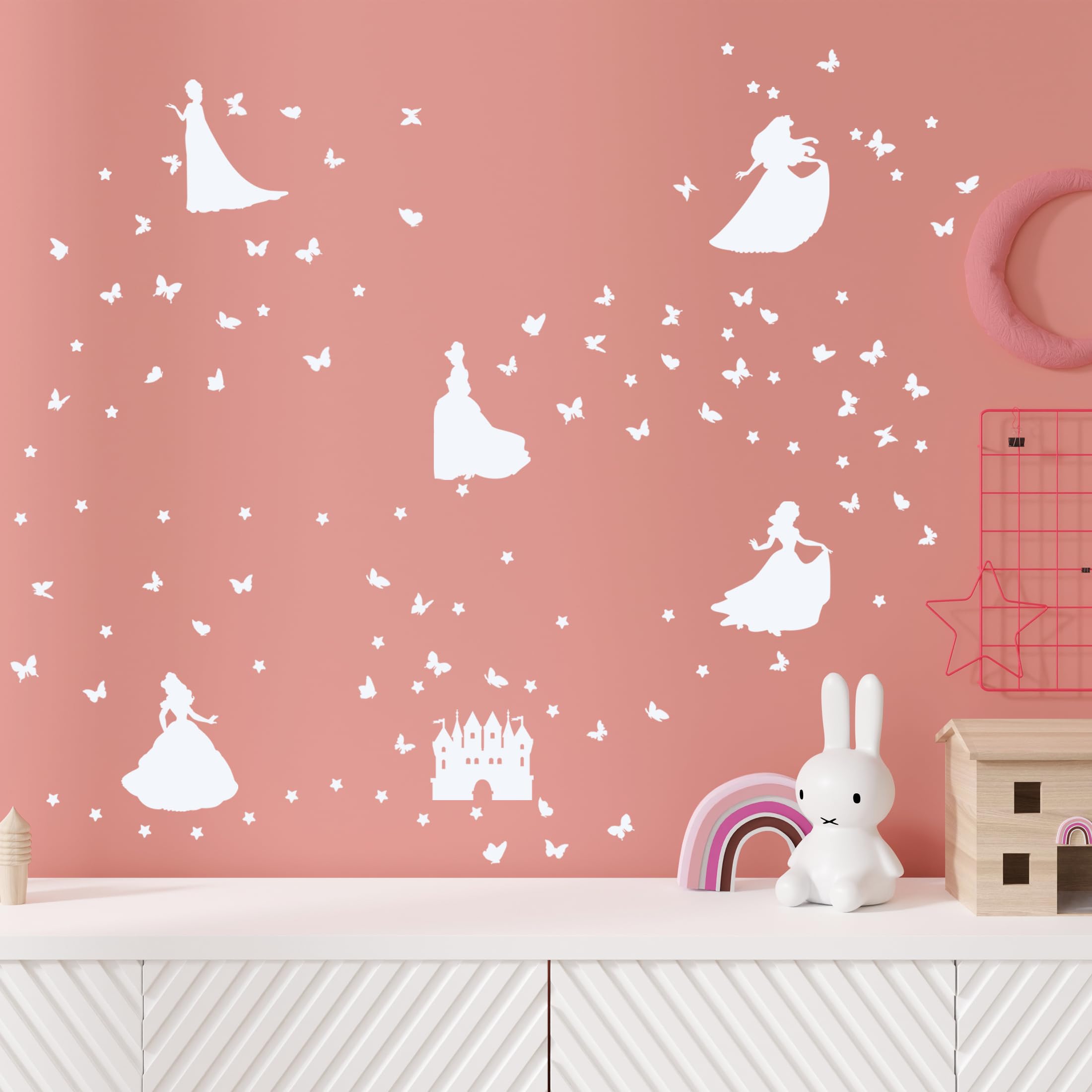 Glow in The Dark Princess Castle Wall Sticker, Self-Adhesive Star Butterfly Wall Decal for Girl's Room, Fluorescent Sticker for Ceiling Nursery (Blue)