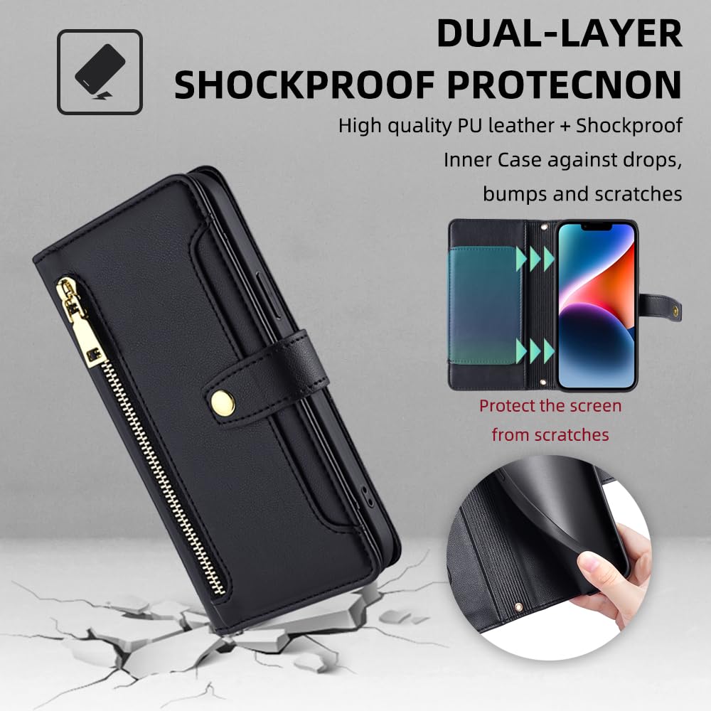 Arseaiy Wallet Case for OPPO Realme X50 Pro Flip Phone Case with Crossbody Strap Magnetic Handbag Zipper Pocket PU Leather Shockproof with Kickstand Phone Shell Black