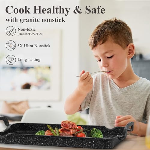 Bazova Nonstick Stove Top Griddle/Grill,16.5"x12.0", Double Burner Granite Griddle Pan,Cast Aluminum Induction Pancake Breakfast Maker, Light-Weight Flat Top Grilling Plate for Gas Grill Camping & BBQ
