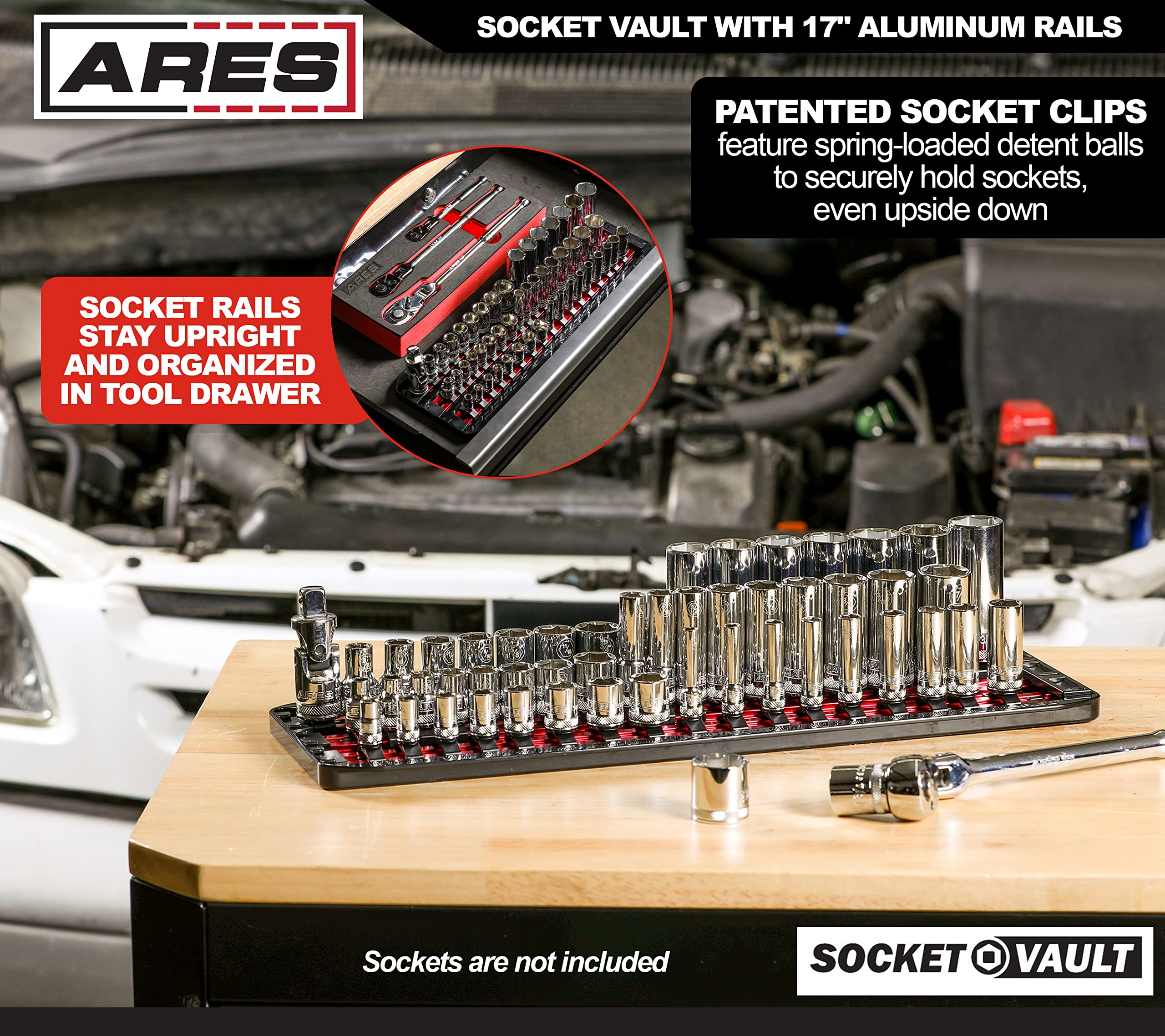ARES 60145 - SOCKET VAULT™ 3-Piece 17-Inch Black Socket Rail Set with Organizer Tray – Reinforced Plastic Tray Holds 3 Aluminum Rails Locked in Place – 50 1/4-Inch, 3/8-Inch, and 1/2-Inch Drive Clips