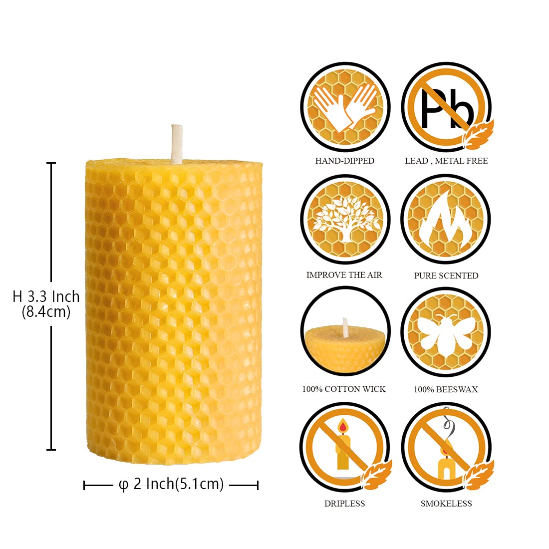 Beeswax Pillar Candles Set of 6 - Handmade Pure Beeswax Rolled Candles for Gift & Home Decor (2×3.4 in)