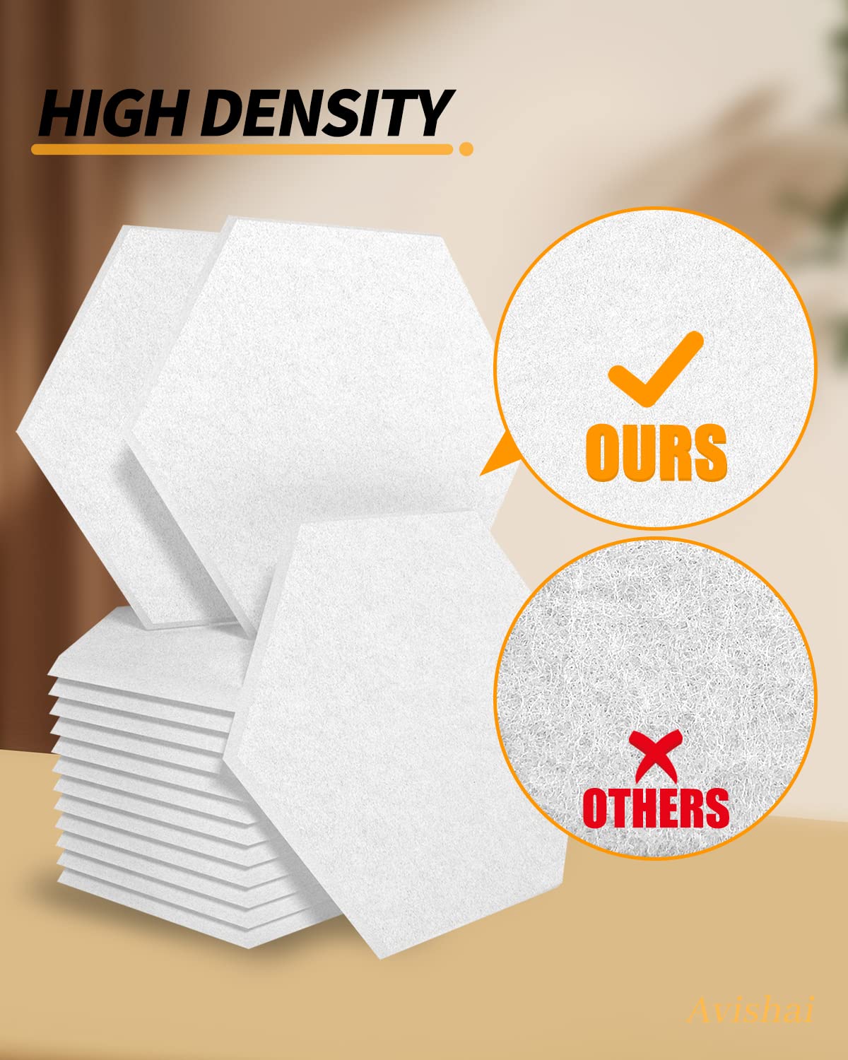 Avishai 12 Pack Self-adhesive Hexagon Sound Panel,12" X 10.3" X 0.4"Eco-friendly Hexagon Acoustic Panel with High Density, Fireproof, Absorb Noise, for Ceiling,Door,Wall