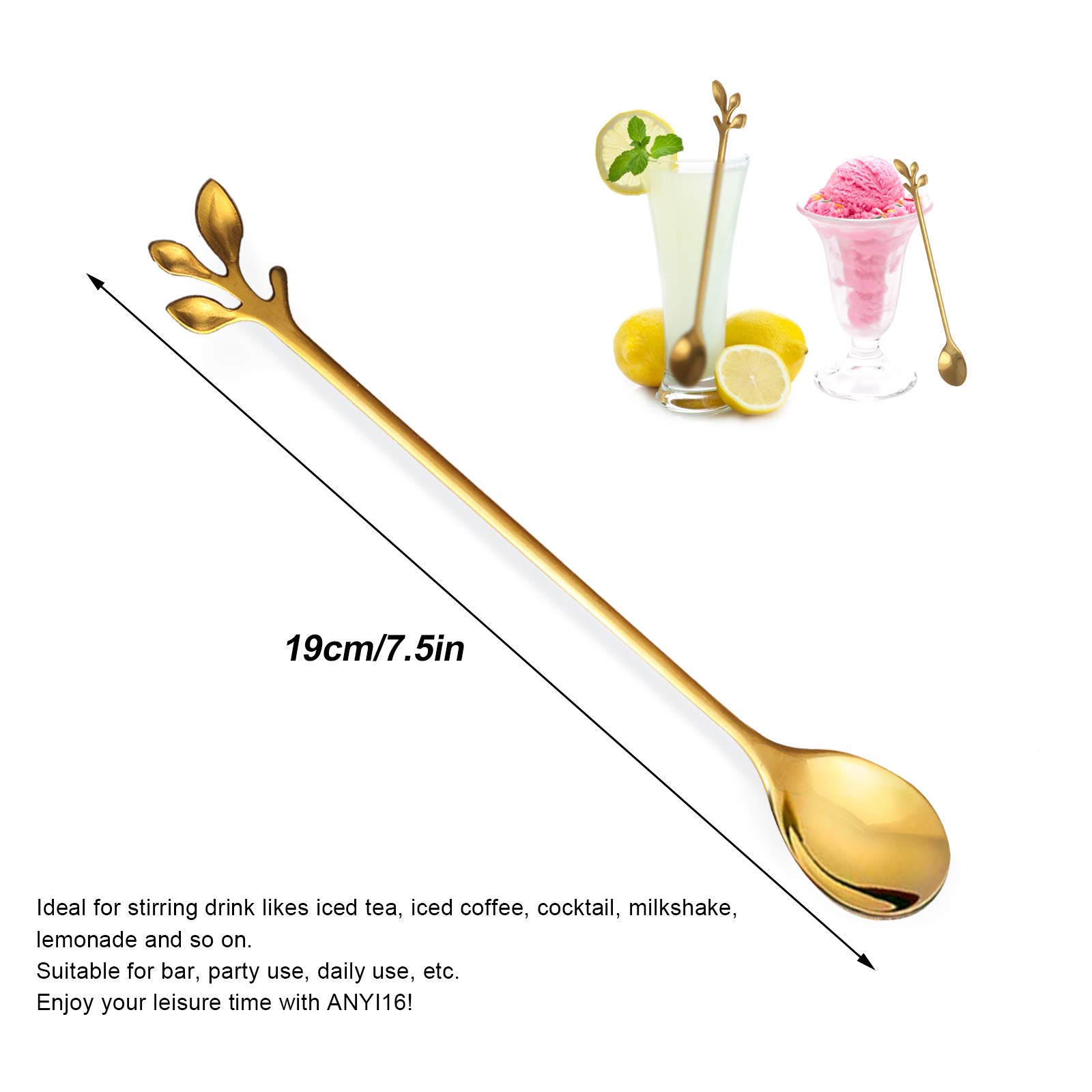 ANYI16 Long Handle Tea Coffee Spoons Set, 7.5" Stainless Steel Gold Leaf Teaspoons for Iced Tea, Coffee, Ice Cream, Dessert