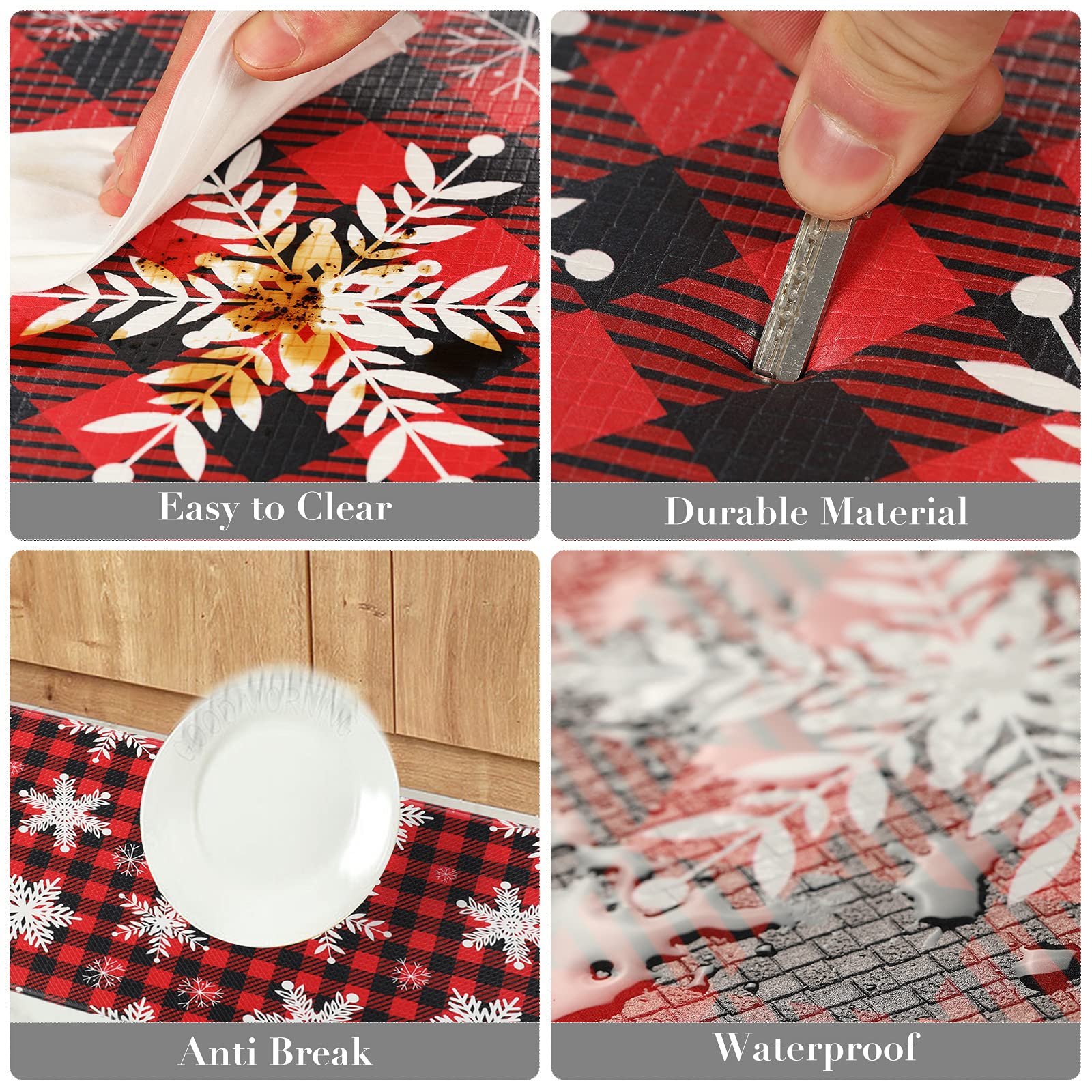 Anti Fatigue Kitchen Rugs Christmas Snowflake Buffalo Plaid Kitchen Mats Set of 2 Cushioned Comfort Standing Mats Non Slip Waterproof Kitchen Carpet for Sink 17.3"x29"+17.3"x47"