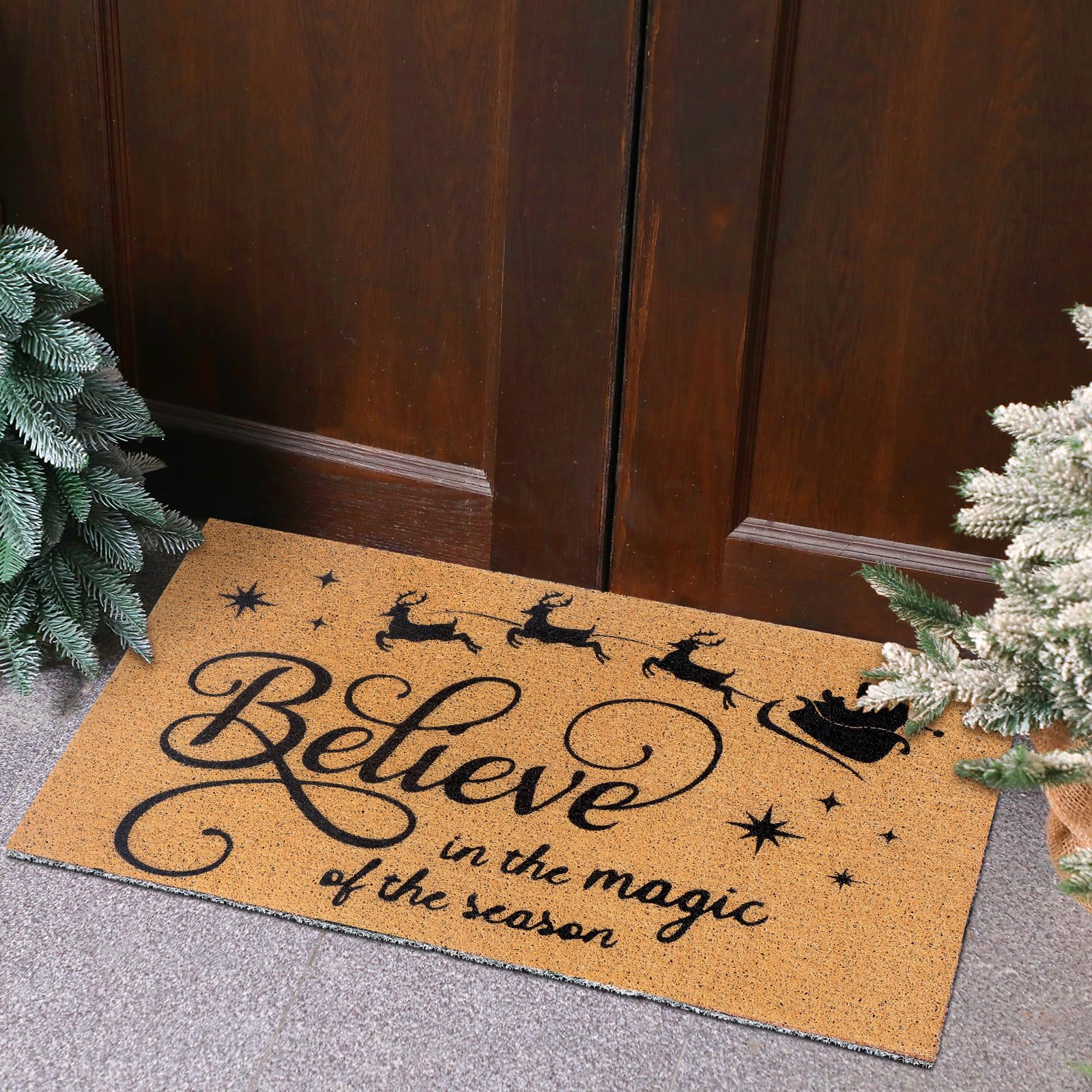 Moucuny Christmas Doormat Welcome Floor Mat Winter Outdoor Rugs Decorative Outdoor Xmas Believe Coir Non Slip Doormat for Front Porch Decor Home Entrance Indoor Outdoor