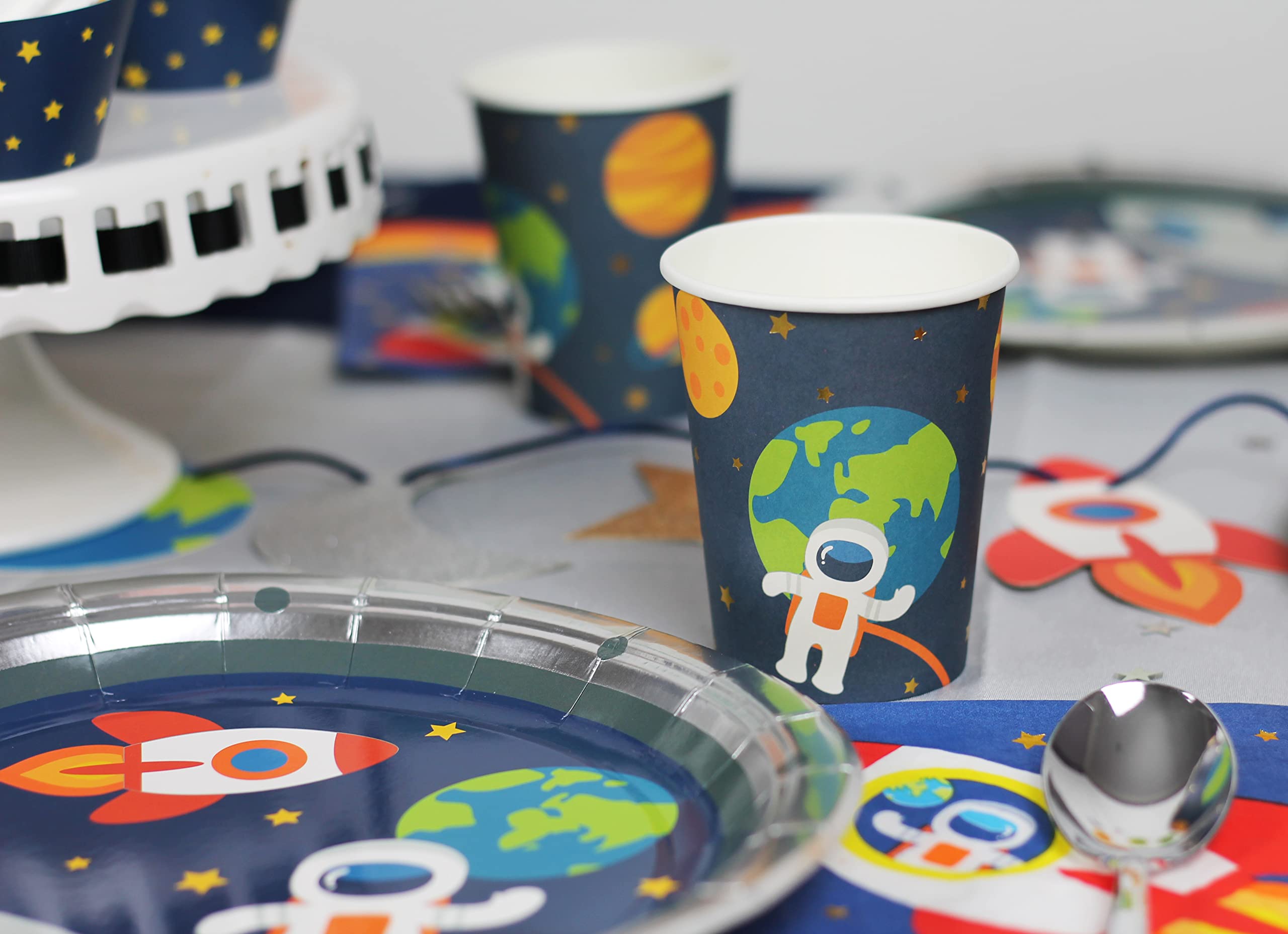 Merrilulu Space Party Cups, 12 ct | Paper Cups | Outer Space Party Tableware | Astronaut, Rocket Ship, Planet, NASA