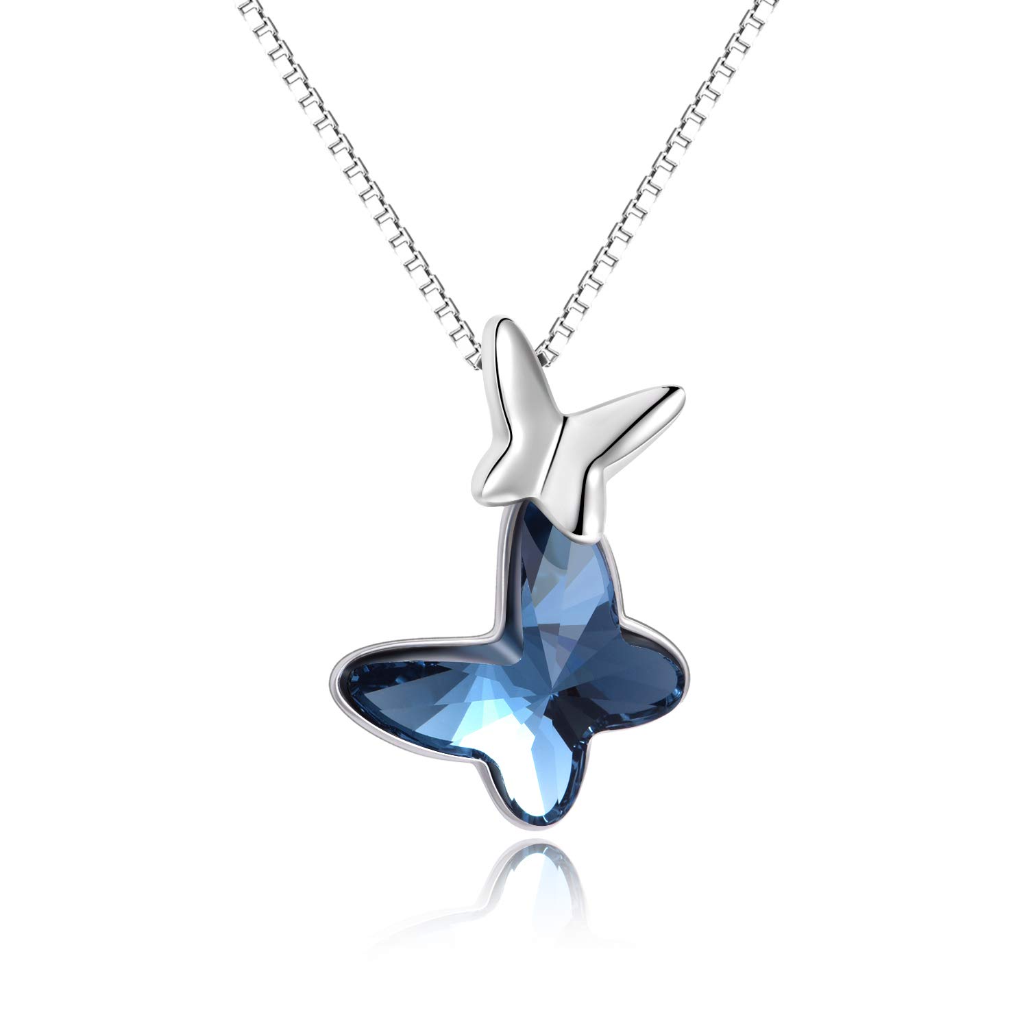 AOBOCO Morpho Helena Butterfly Necklace Sterling Silver Women Necklace with with Crystals from Austria, Fine Anniversary Birthday Butterfly Jewelry Women Her Wife(Blue)