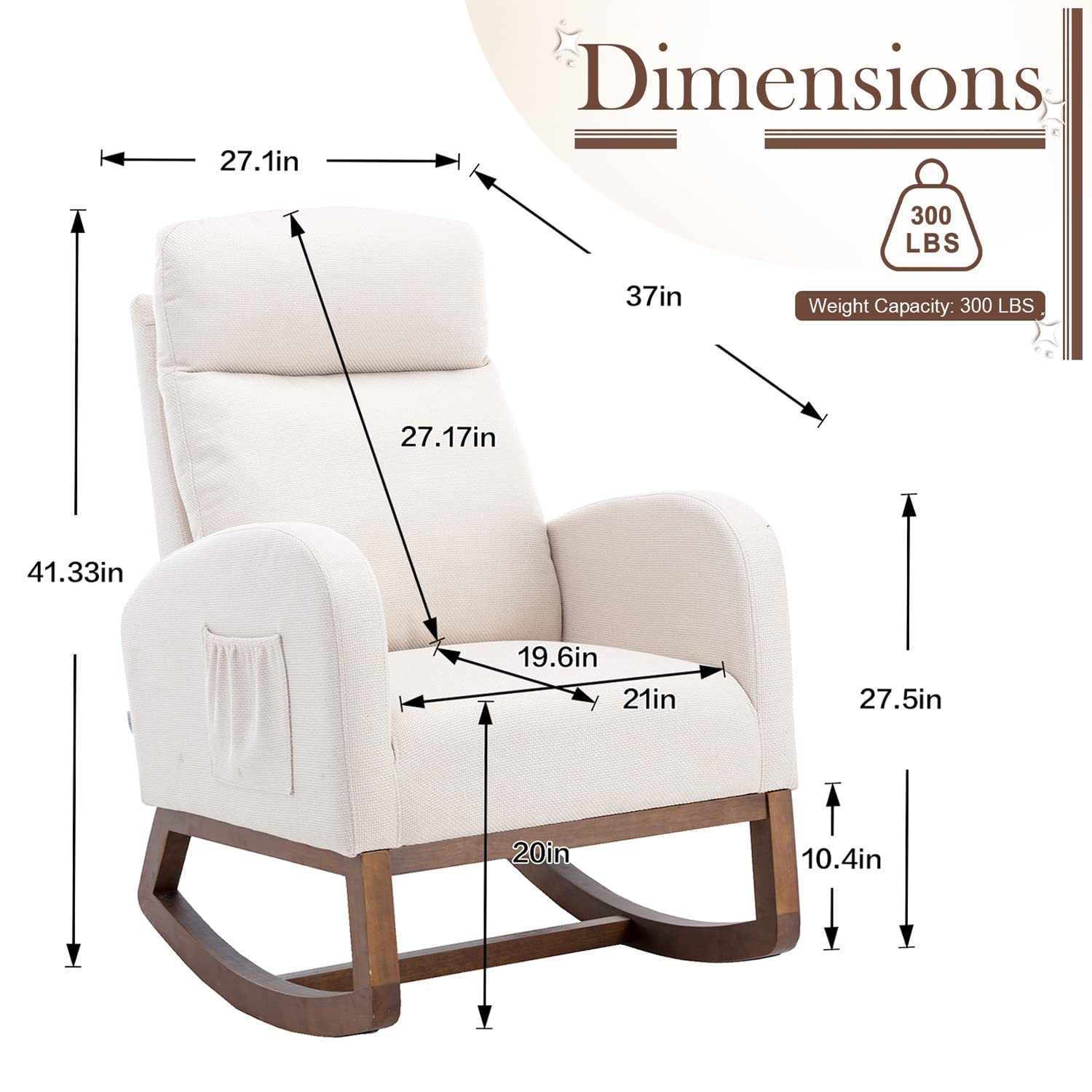 Antetek Modern Accent Rocking Chair, Upholstered Nursery Glider Rocker for Baby, Comfy Armchair with Side Pocket, Living Room Lounge Arm Chair, High Backrest with Headrest Shape Design (Light Beige)