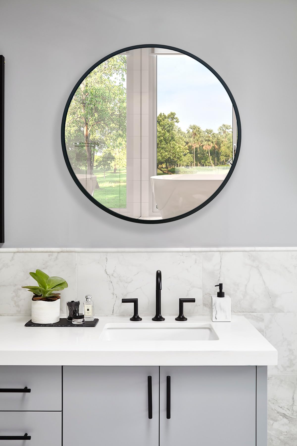 HESONTH 28 x 28 Inch Round Medicine Cabinet Circular Bathroom Mirror Cabinet | Wall Surface Mounted Storage Cabinet | with Farmhouse Black Framed Mirrored Door