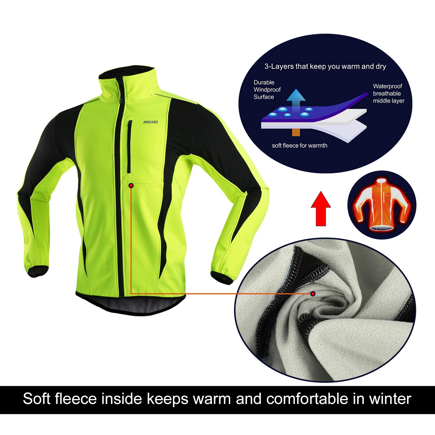 ARSUXEO Winter Warm UP Thermal Softshell Cycling Jacket Windproof Waterproof Bicycle Mountain Bike Clothes 15-K Green Size Medium