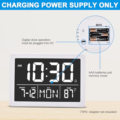 Amgico Digital Alarm Clock with Snooze, Small Clock/Table Clock, 6.3" LED Digital Calendar, 12/24H, Adjustable Brightness/Volume, Desk Clock for Bedroom, Living Room, Office - White