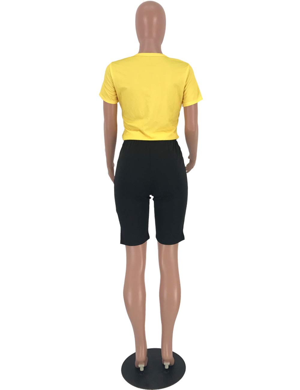 Angsuttc 2 Piece Workout Sets for Women Summer Lip Print Short Sleeve Shirt High Waisted Shorts Set Outfits Yellow&Black S