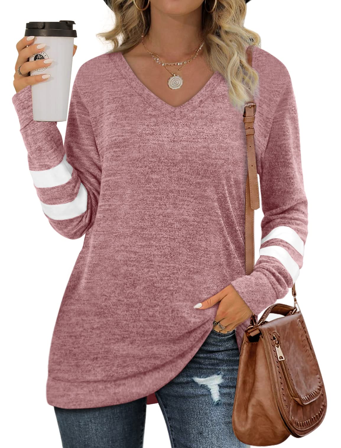 Aokosor Women's Sweatshirts Soft Sweaters Dressy Casual Long Sleeve Tee Shirts Pink L