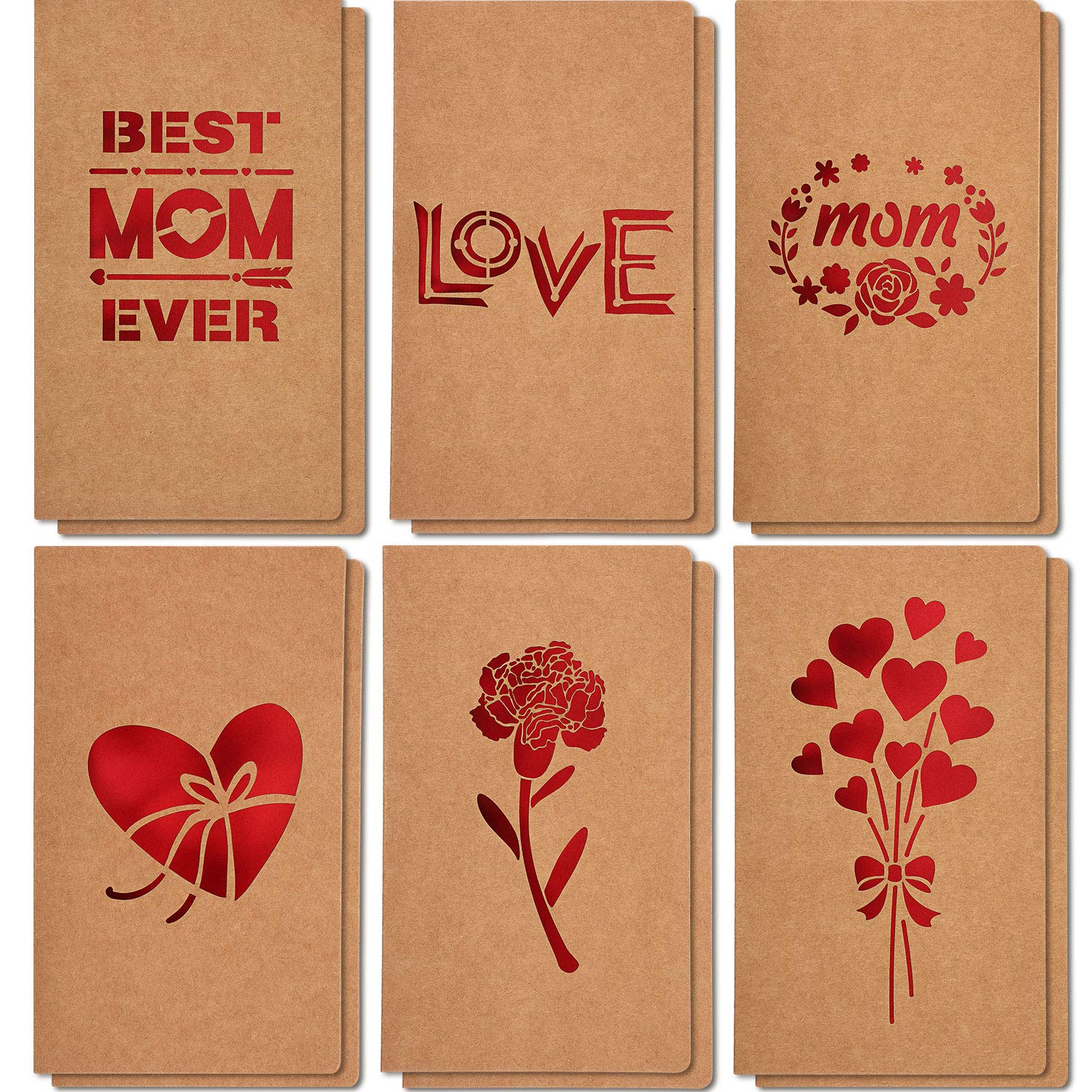 Chinco Mother's Day Greeting Gift Cards,6 Unique Assorted Kraft Die Cut Design Mother's Day Gift Best Mom Ever Cards for Mothers Day Mothers Birthday Party Supplies, Envelopes Included(12 Pieces)
