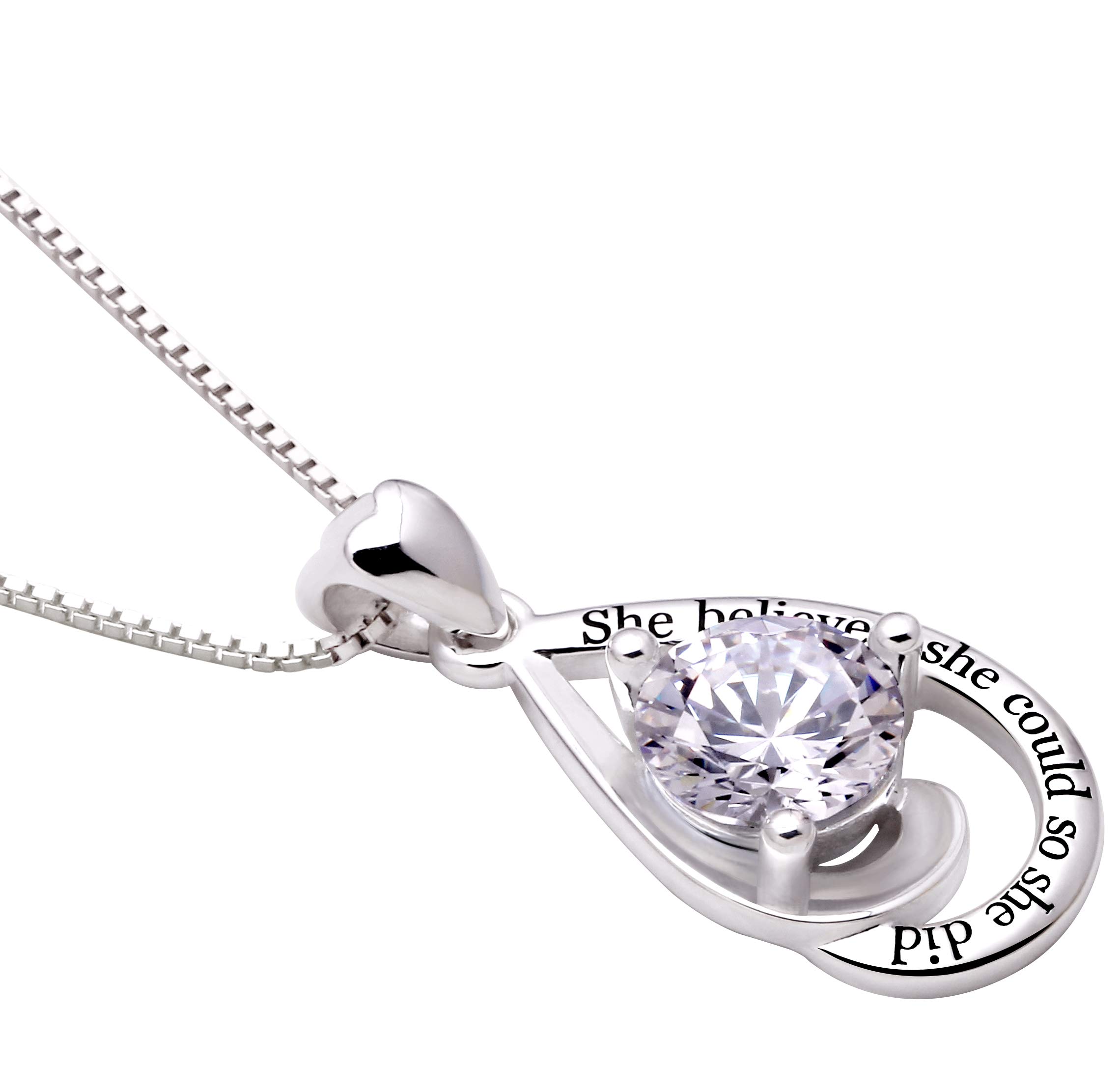 ALOV Jewelry Sterling Silver "She believed she could so she did" Cubic Zirconia Pendant Necklace