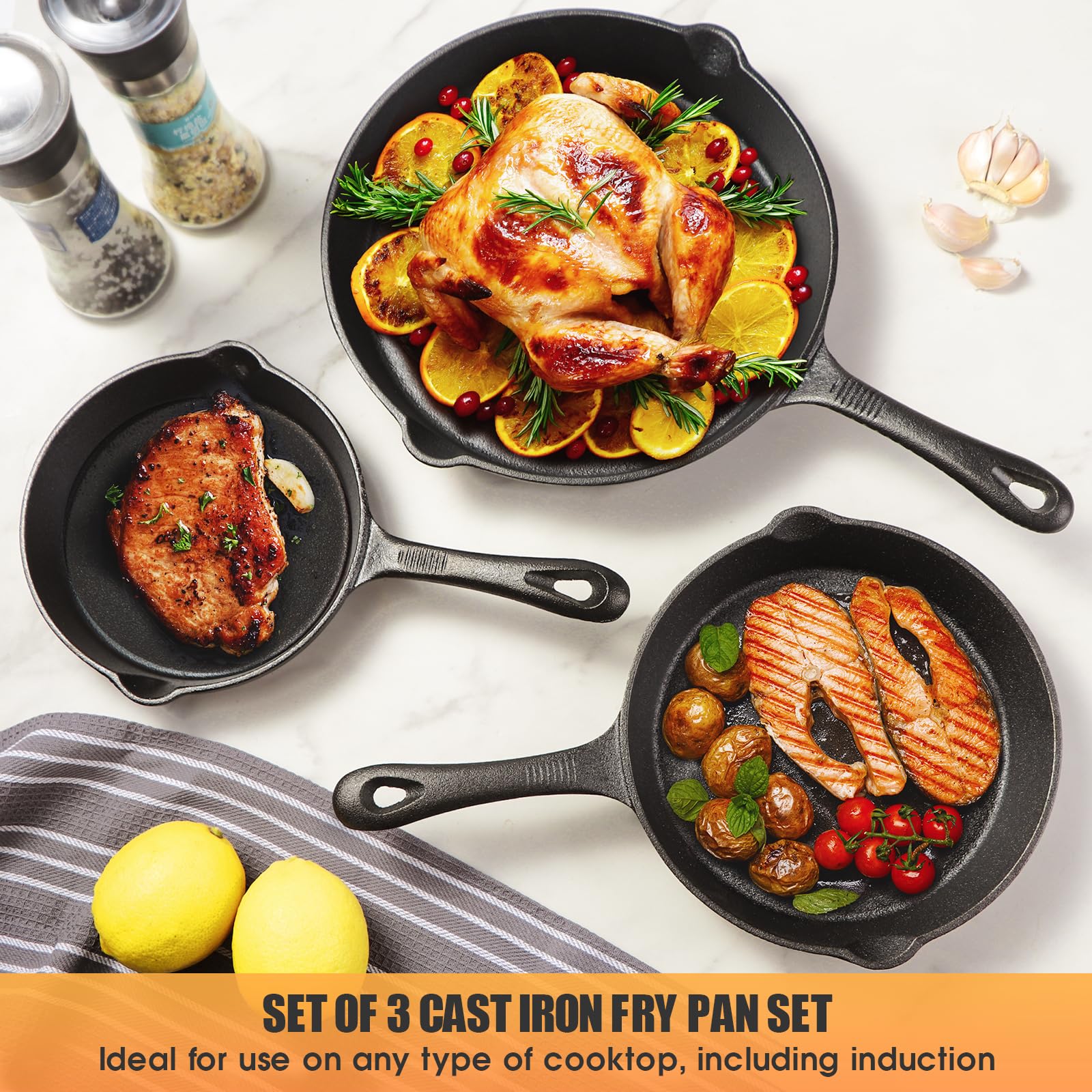 CherHome Cast Iron Skillets 3 Piece,Pre-Seasoned Cast Iron Frying Pan,Cast Iron Fry Pan Skillet Set Includes 6.5in,8in,10in Pans,Ideal for Use on any Type of Cooktop,Oven Safe