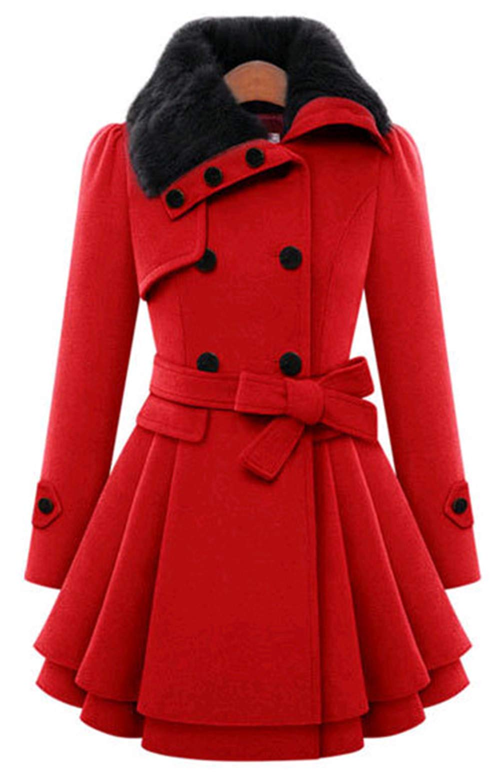 Andongnywell Women's Fashion Faux Fur Lapel Double-Breasted Thick Wool Trench Coat Jacket Double Breasted Woolen Coats (Red,Medium)