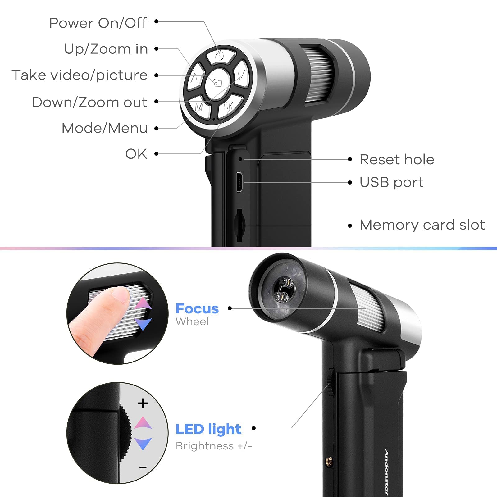 Andonstar AD203 80-200X USB 1080P Digital Microscope with 32GB SD Card Pocket Electronic Microscope for Kids and Adults Observe Outdoor Tools (Black)