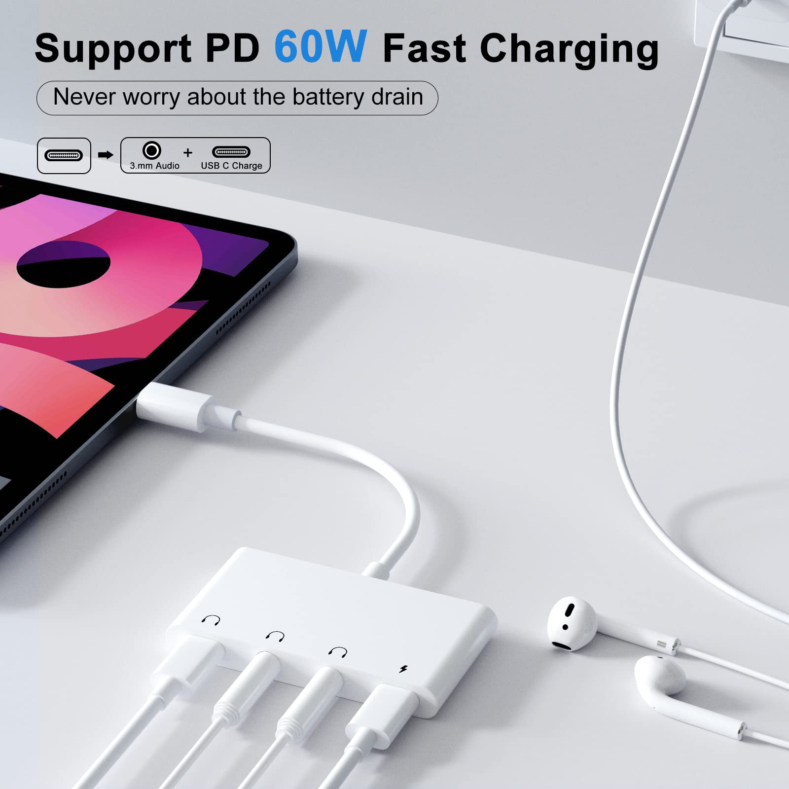 AMLLXEN USB C to 3.5mm Dual Headphone Adapter, iPad Headphone Jack Splitter with Type-C Fast Charging Port, USB-C Headphone Splitter for iPad Pro, iPhone 15, Sansung Galazy, Pixel, etc