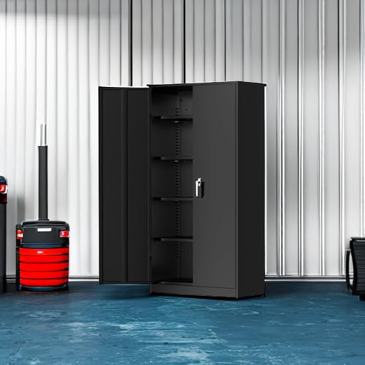 Greenvelly Metal Storage Cabinet, 72” Black Locking Storage Cabinets for Home Office Steel Filing Cabinet with Doors and Adjustable Shelves, Lockable Metal Tool Storage Cabinet for Garage, Business