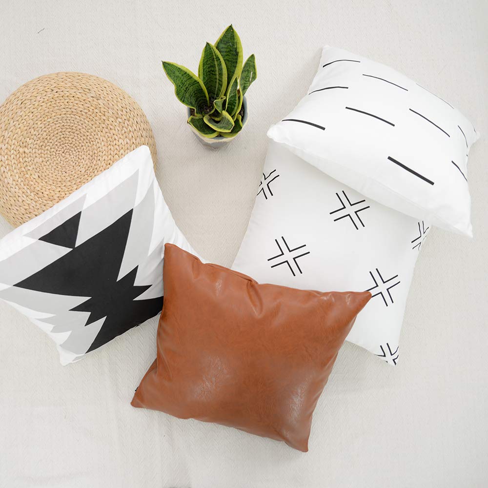 AENEY Modern Pillow Covers 18x18 inch for Couch Set of 4 100% Cotton Boho Throw Pillows for Modern Farmhouse Decor Decorative Pillow Covers Modern Decorations Leather Throw Pillows