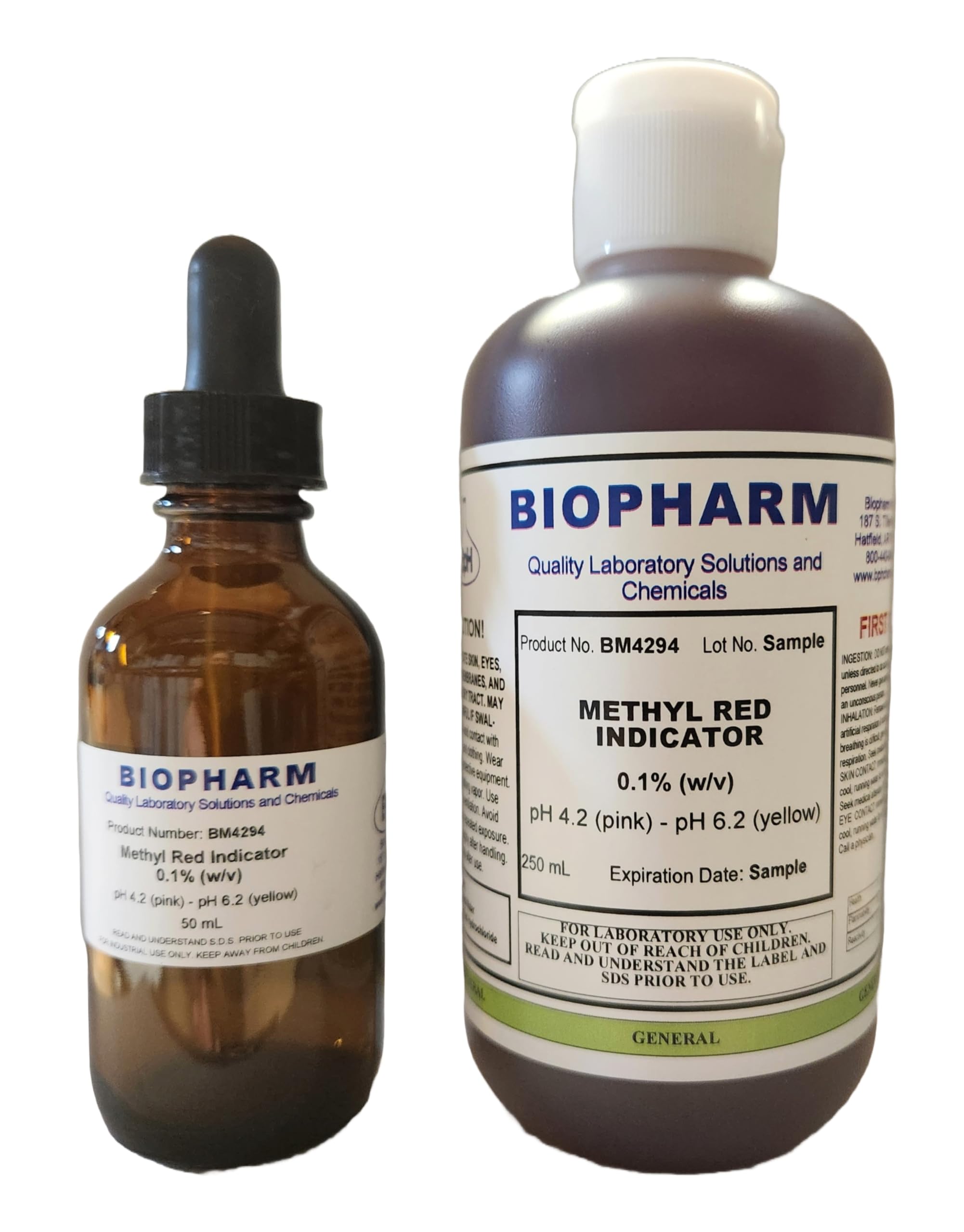 Methyl Red Indicator 0.1% w/v Aqueous Solution, 250 mL (8.4 fl oz) — Plus Convenient Dispensing Cap and Empty 2-oz Dropper Bottle