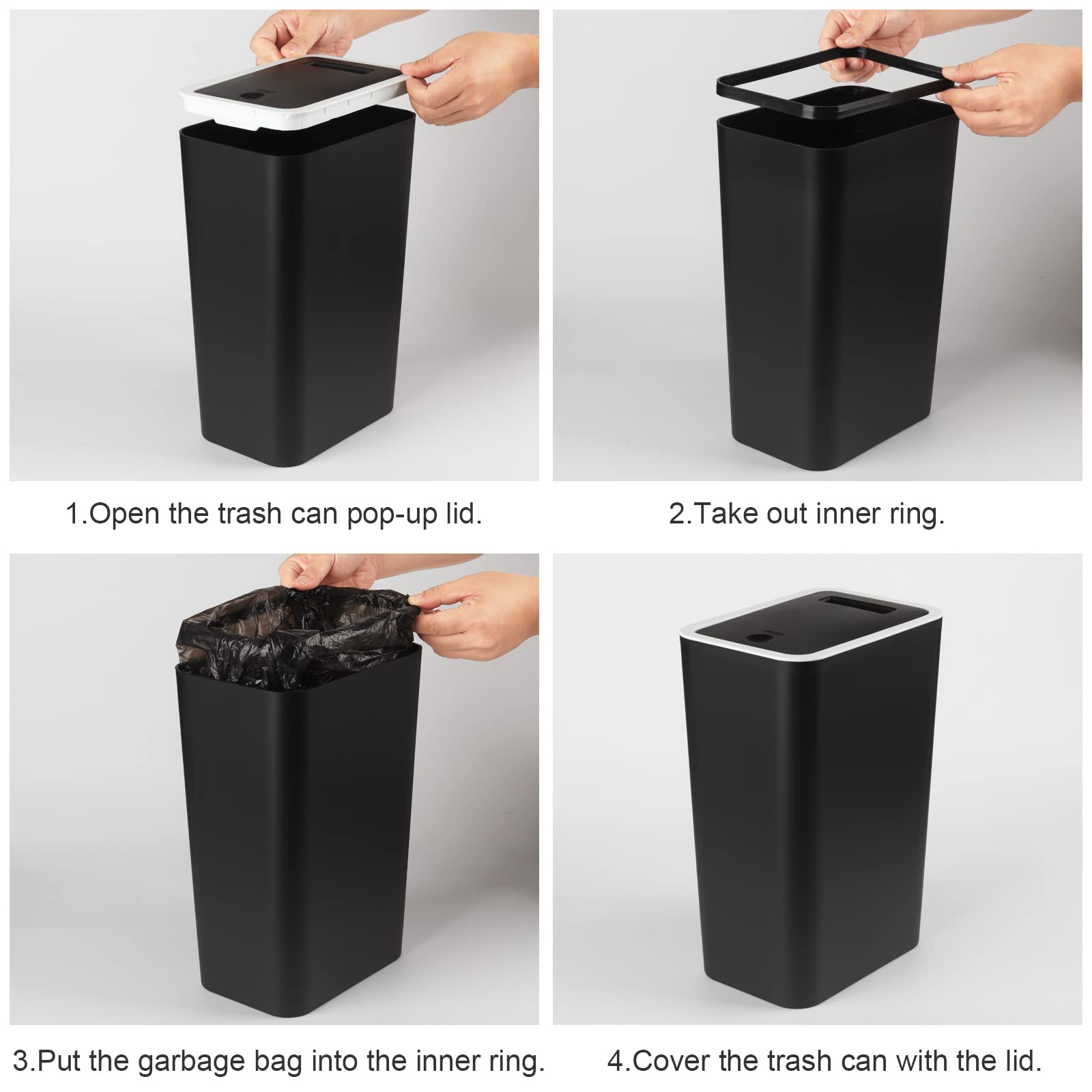 Anzoymx Bathroom Trash Cans with Lids 2 Pack Kitchen Garbage Can 4 Gallons with Pop Up Lid,Small Narrow Waste Basket Dog Proof for Bathroom Kitchen Bedroom Living Room and Office(15L,Black)