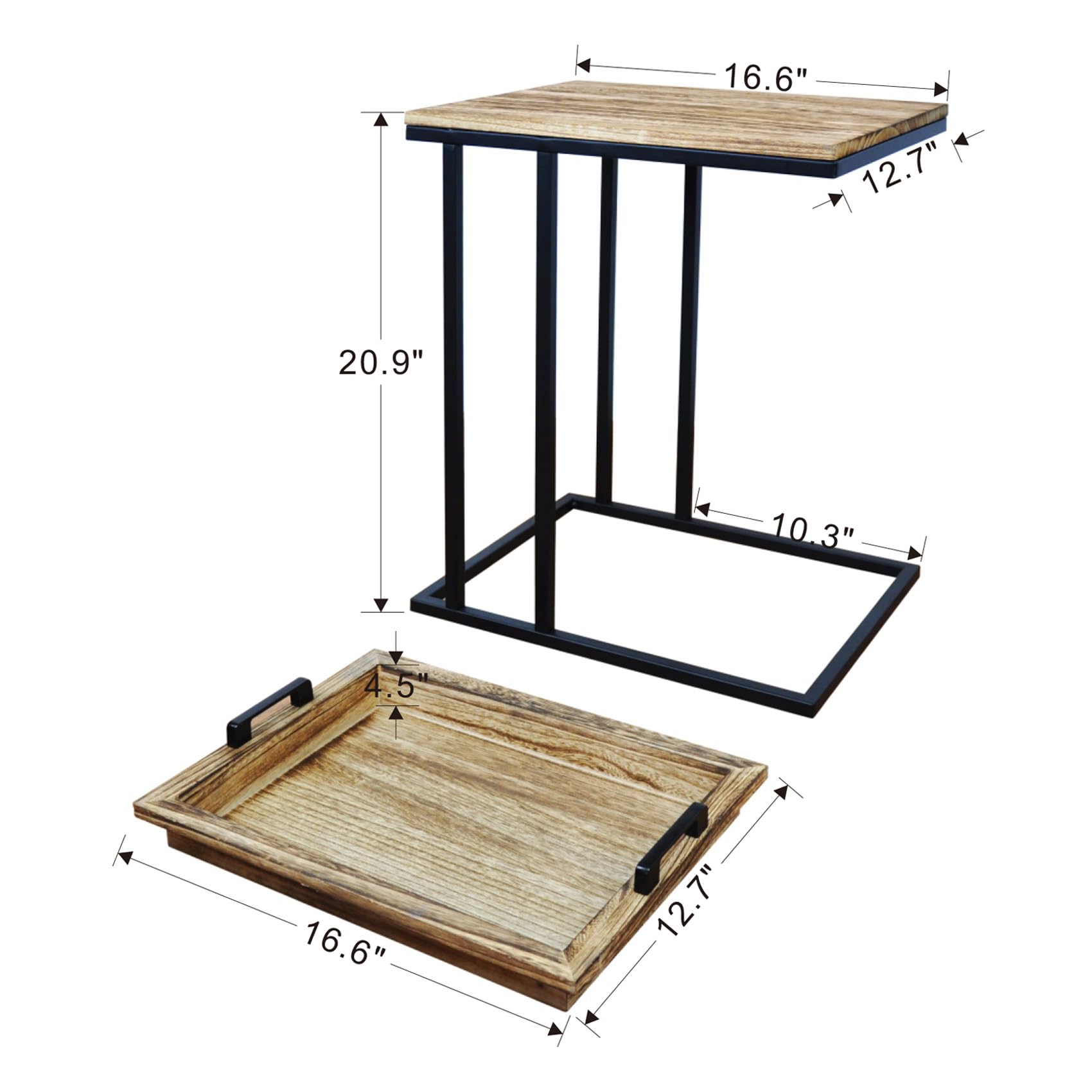 Cloud Space C-Shaped Side Table, Multifunctional End Table with Metal Frame, Detachable Solid Wood Flat Tabletop, Replaceable with Solid Wood Tray Top(Rustic Brown