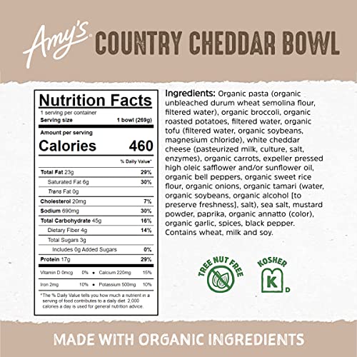 Amy's Frozen Meals, Country Cheddar Pasta Bowl, Made With Organic Pasta, Broccoli and Potatoes, Microwave Meals, 9.5 Oz