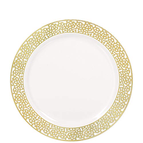 Amscan Premium Plastic Plates | White W/Gold Lace Border | 7.5" | Pack of 20 | Party Supply