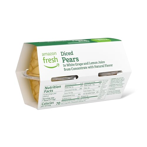 Amazon Fresh, Diced Pears in White Grape and Lemon Juice, 4 Oz Bowls (Pack of 4) (Previously Happy Belly, Packaging May Vary)