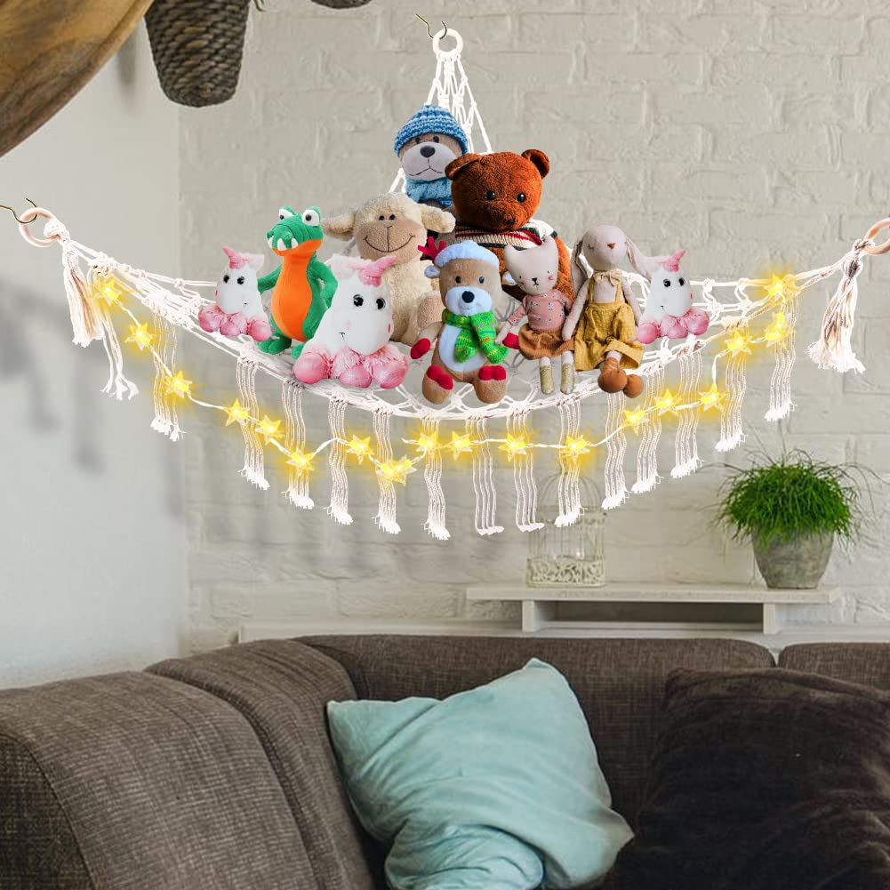 EKDJKK Stuffed Animal Hammock Macrame Plush Toy Net Hammock for Stuffed Animals with Light Pet Net for Stuffed Animals Corner Hanging Stuffed Animal Storage Holder Teddy Bear Net for Kids Room
