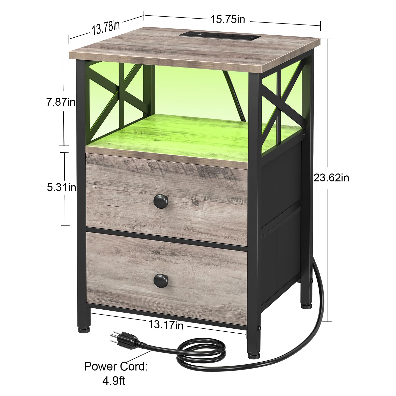 AMHANCIBLE Night Stand Set 2, LED Nightstands for Bedroom Set of 2 with Charging Station, End Table with USB Port and Outlet, Side Table with 2 Storage Drawers for Living Room, Greige, HET052LGY