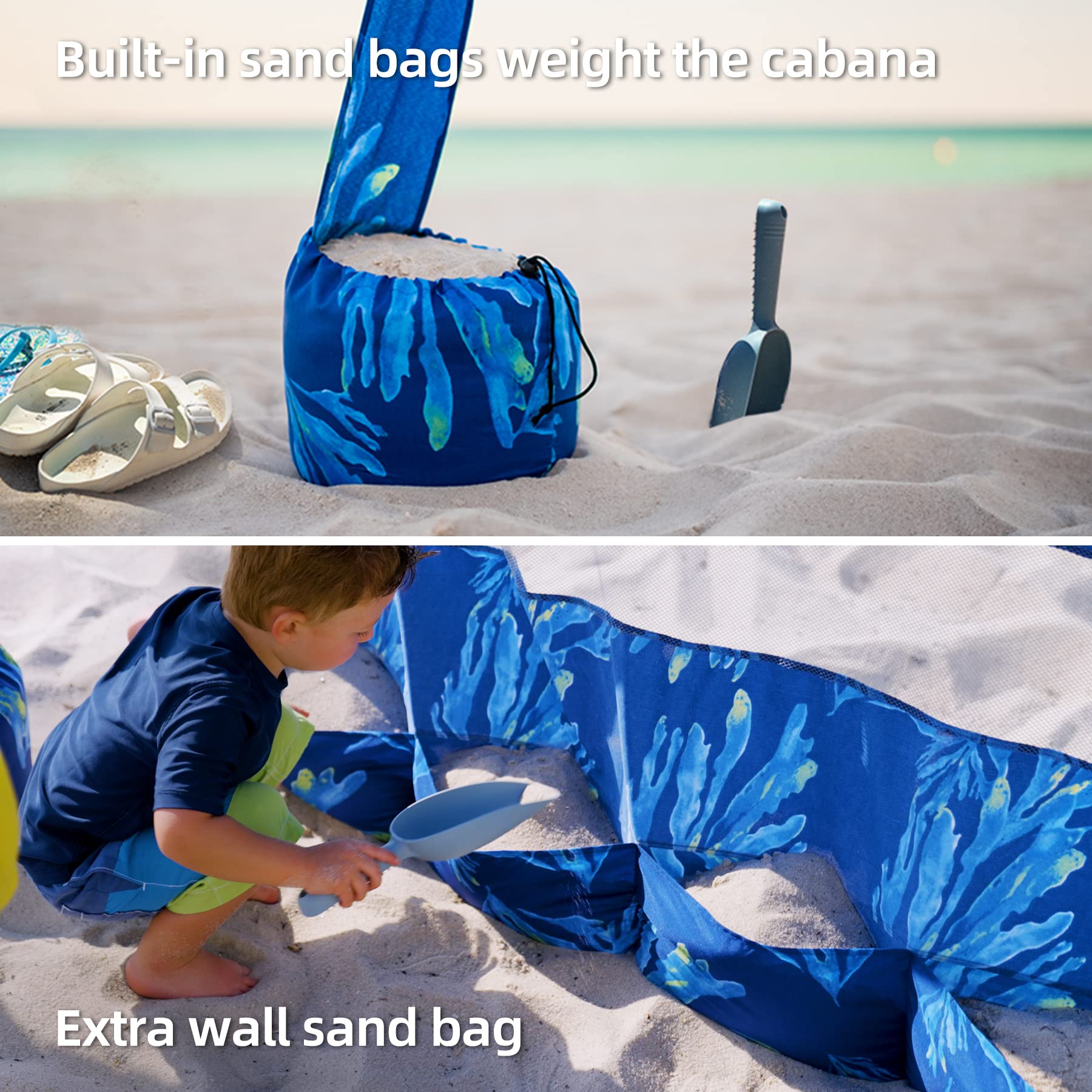 AMMSUN Beach Cabana, 6.2'×6.2' Beach Canopy, Easy Set up and Take Down, Cool Cabana Beach Tent with Sand Pockets, Instant Sun Shelter with Privacy Sunwall, Blue Paint