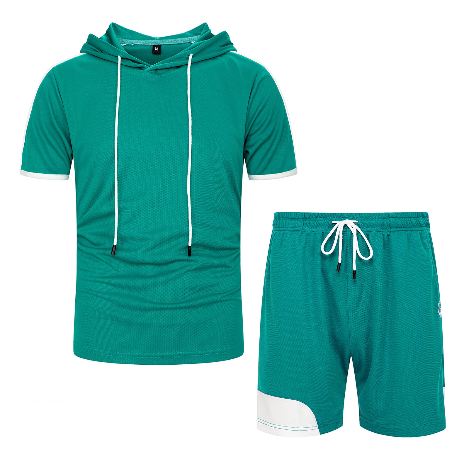 AOTORR Men's Hooded Athletic Tracksuit Set Short Sleeve Running Jogging Athletic Sweat Suits for Summer Green L