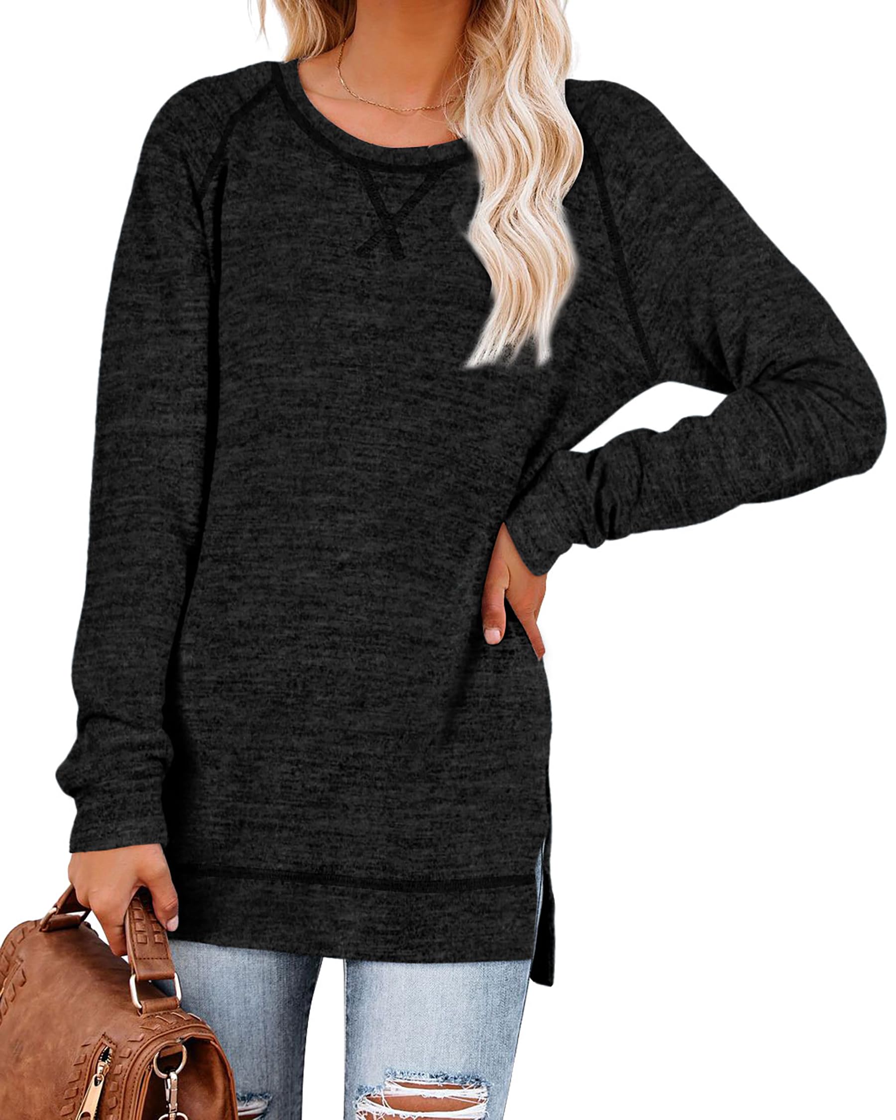Aokosor Black Sweatshirts for Women 2024 Casual Fall Clothes Long Sleeve Tops Oversized XL