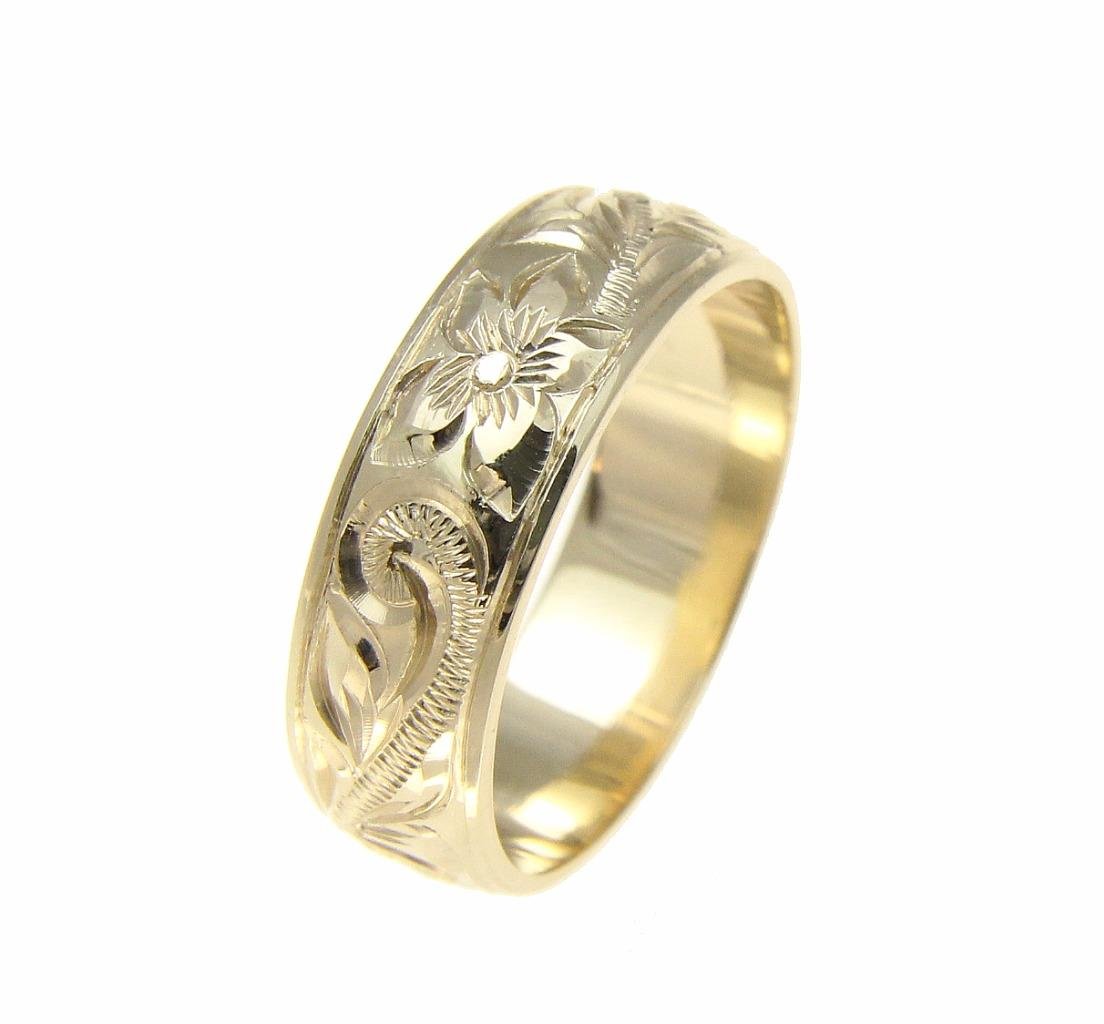 Arthur's Jewelry 14K yellow gold hand engraved Hawaiian plumeria scroll band ring smooth edge 6mm size 7